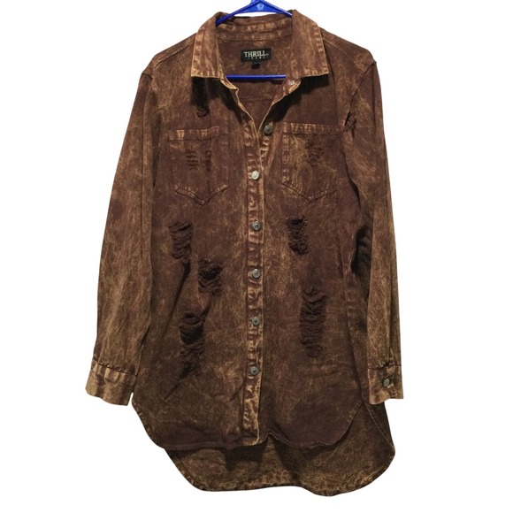 Thrill | Jackets & Coats | Thrill Distressed Denim Button Up Shirt ...